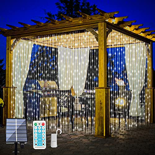 200 LED Solar Curtain String Lights Outdoor Remote Control 8 Modes Fairy Lights Waterproof Solar Powered Copper Wire Lights Solar Waterfall Lights for Gazebo Garden Party Window Decoration(Cool White)