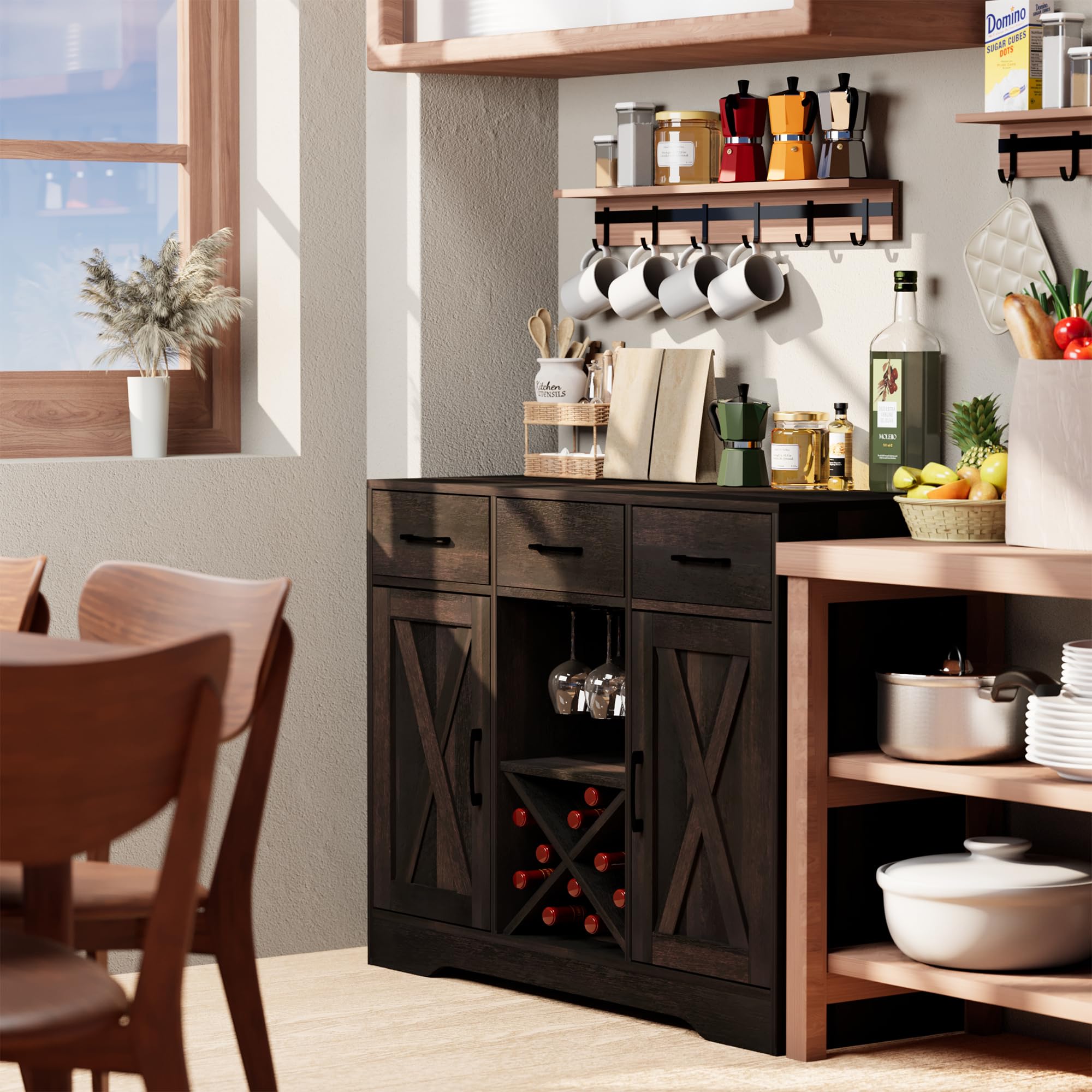VVFLU Sideboard Buffet Cabinet with Storage Kitchen Farmhouse Coffee Bar Cabinet, Drawers, Removable Wine Rack, Wine Glass Rack, Barn Doors, Adjustable Shelves for Dinning Room, Brown (Coffee Wood)