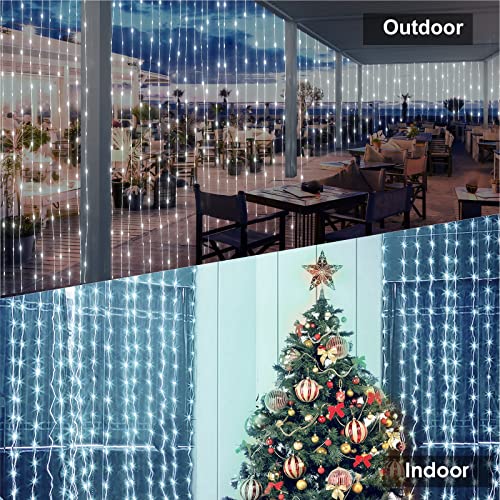 200 LED Solar Curtain String Lights Outdoor Remote Control 8 Modes Fairy Lights Waterproof Solar Powered Copper Wire Lights Solar Waterfall Lights for Gazebo Garden Party Window Decoration(Cool White)