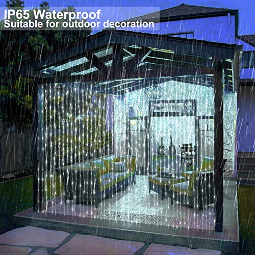 200 LED Solar Curtain String Lights Outdoor Remote Control 8 Modes Fairy Lights Waterproof Solar Powered Copper Wire Lights Solar Waterfall Lights for Gazebo Garden Party Window Decoration(Cool White)