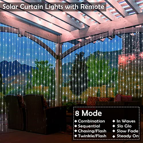 200 LED Solar Curtain String Lights Outdoor Remote Control 8 Modes Fairy Lights Waterproof Solar Powered Copper Wire Lights Solar Waterfall Lights for Gazebo Garden Party Window Decoration(Cool White)