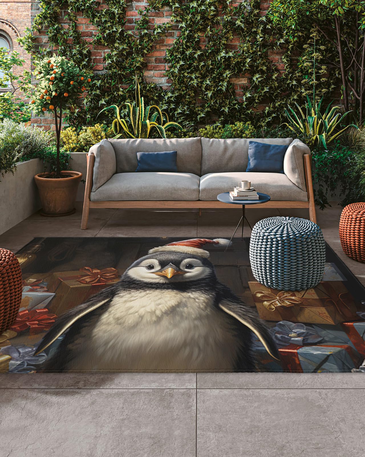 Christmas Penguin Outdoor Rugs for 5'x8' Patios Clearance, RV Camping Mat Rug Portable Outside Rug Indoor Outdoor Area Rug Mat for Beach Deck Pool Merry