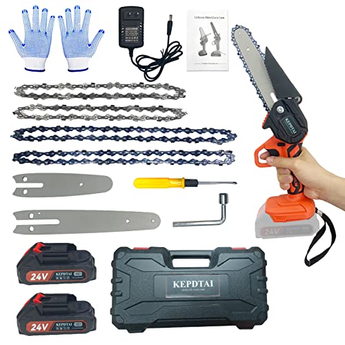 Mini Chainsaw 6 Inch & 4 Inch, KEPDTAI Cordless Chainsaw Set, 550W Electric Chainsaw 24V Rechargeable Battery Portable Small Chainsaw with Safety Lock for Tree Pruning Wood Cutting Branches Shears