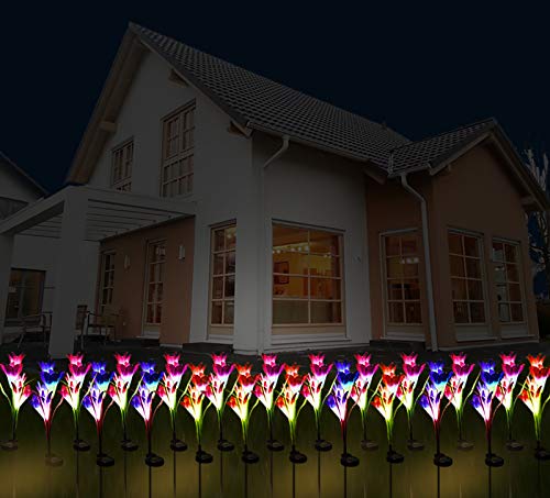Solar Flower Lights Outdoor Waterproof, BOOTOP 4 Pack Solar Garden Stake Lights with 16 Lily Flowers, Solar Flowers, Solar Lily Flower Lights for Garden Yard Pathway Decoration