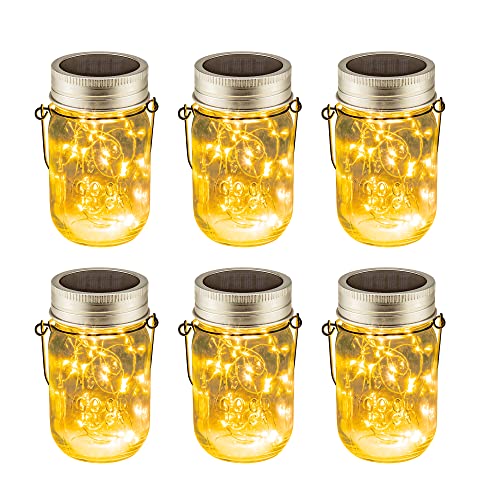Solpex Solar Mason Jar Lights 30 LEDs, 6 Pack Fairy Hanging Solar Outdoor String Lights with Jars and Hangers, Waterproof Decorative Fairy Solar Lantern Lights for Garden Balcony Patio- Warm White