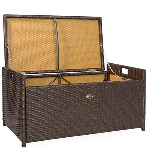 Mandycng Patio Outdoor Rattan Storage Bench w/Cushion, Weatherproof Poolside Deck Box Storage Shed Bin Backyard, Garden Wicker Seat Storage Bench Outdoor Furniture, 60 Gallon Capacity