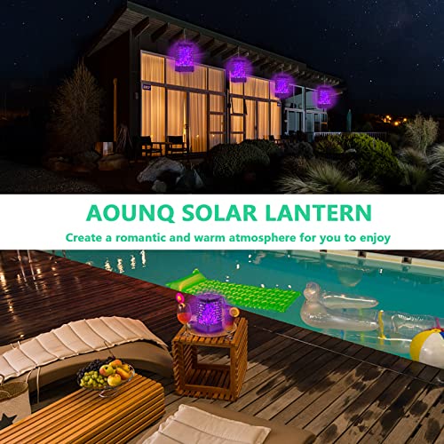 99LEDs Solar Lantern Purple, AOUNQ Upgraded Flickering Flame Hanging Solar Lantern Solar Lights Outdoor Waterproof, Solar Hanging Lanterns Outdoor Halloween Decorations for Patio,Garden,Yard (2Pack)