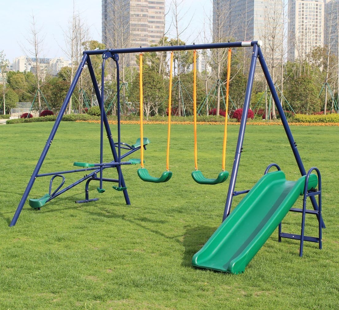 Zolyndo Metal Swing Sets for Backyard with Swing Seats, Slider, Teeter-Totter, and Swing Glider, Swingset Outdoor for Kids 3-8 with Heavy Duty A-Frame Blue (5 in 1)