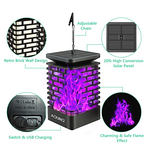 99LEDs Solar Lantern Purple, AOUNQ Upgraded Flickering Flame Hanging Solar Lantern Solar Lights Outdoor Waterproof, Solar Hanging Lanterns Outdoor Halloween Decorations for Patio,Garden,Yard (2Pack)