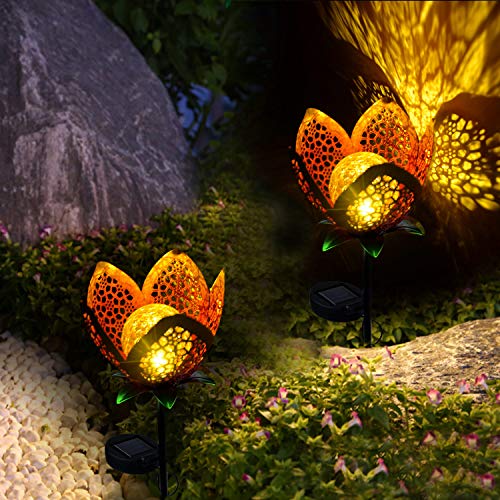 Pannow Large Metal Glass Solar Flowers Yard Art, Garden Solar Lights Outdoor,Solar Powered Stake Lights,Decorative Garden Lights for Walkway,Pathway,Yard,Lawn,2Pack