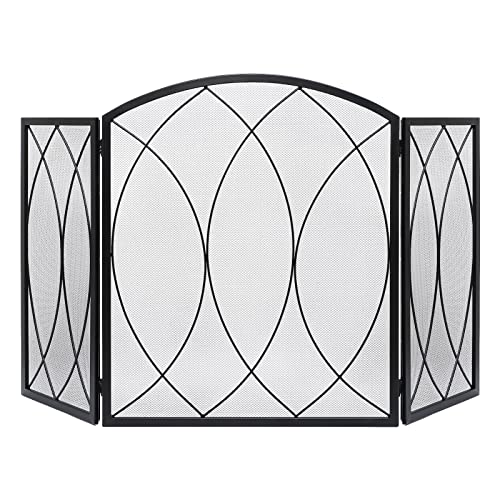 FEED GARDEN 3 Panel Fireplace Screen 52" W x 31.3" H Modern Foldable with Wrought Metal Decorative Mesh,Arch Heavy Duty Fire Spark Guard Cover for Home Decor Indoor, Black