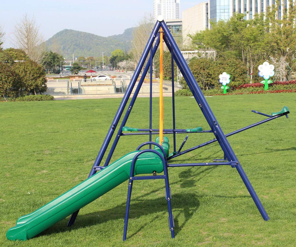 Zolyndo Metal Swing Sets for Backyard with Swing Seats, Slider, Teeter-Totter, and Swing Glider, Swingset Outdoor for Kids 3-8 with Heavy Duty A-Frame Blue (5 in 1)
