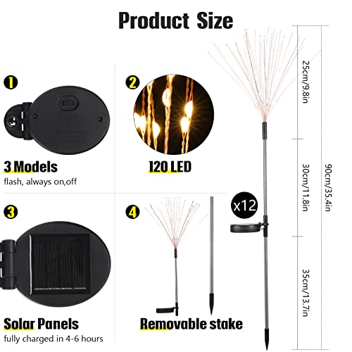 BBTO 12 Pack Solar Firework Lights Solar Outdoor Lights 120 LED Waterproof Solar Fireworks Lamps Decoration Lights for Garden Outdoor Patio Walkway Pathway Lawn Backyard Landscape, Warm White
