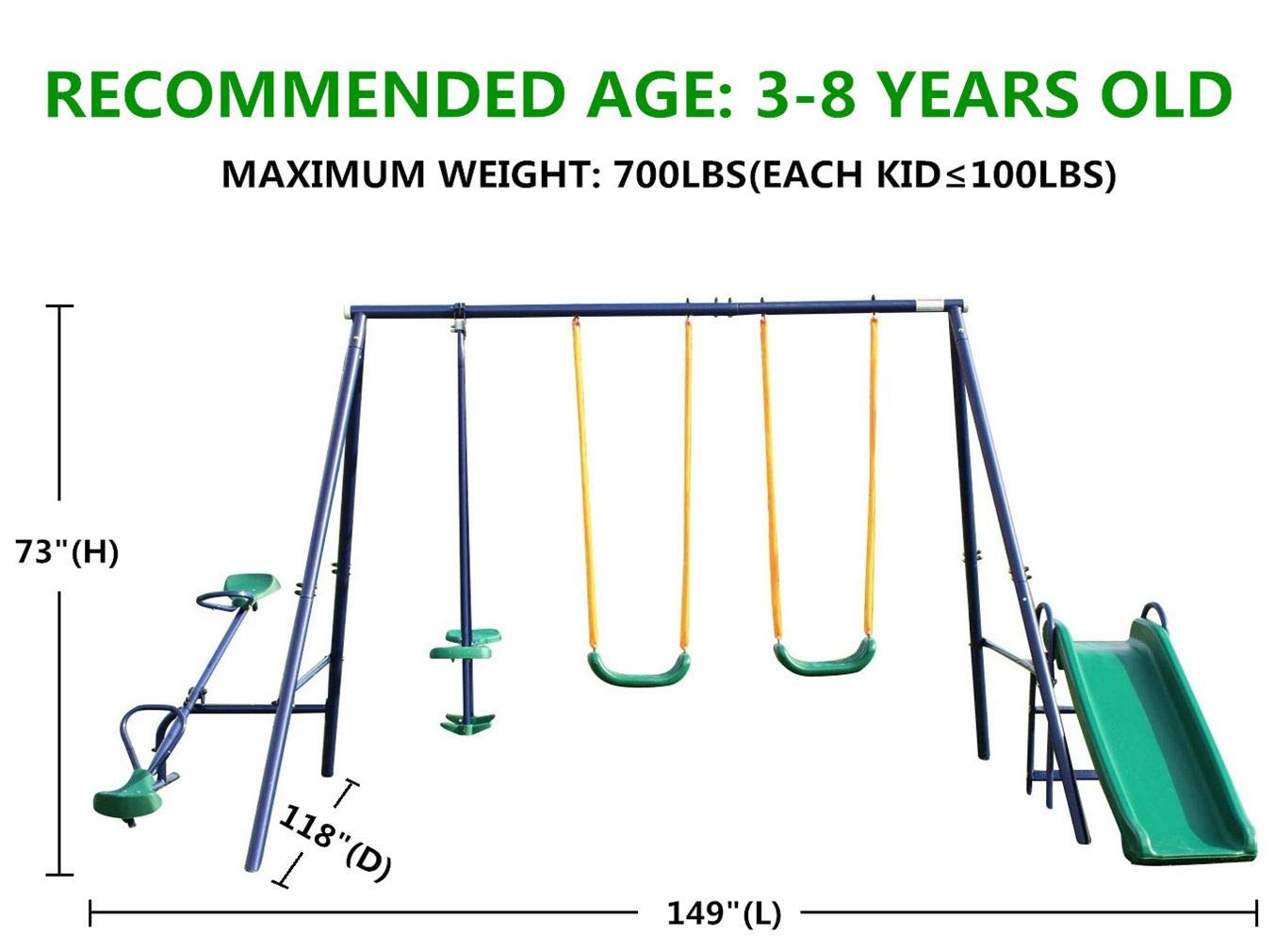 Zolyndo Metal Swing Sets for Backyard with Swing Seats, Slider, Teeter-Totter, and Swing Glider, Swingset Outdoor for Kids 3-8 with Heavy Duty A-Frame Blue (5 in 1)