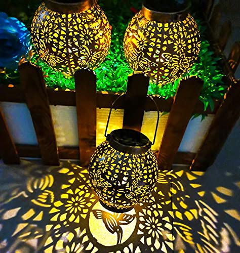 Butterfly Hanging Solar Lanterns Retro Solar Lights with Handle, Outdoor Solar Garden Lights Decor Metal Decorative Garden Lights for Patio, Lawn, Porch, Backyard Christmas Day…