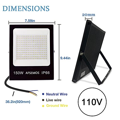 AFSEMOS 150W LED Flood Light,10500lm Outdoor Flood Lights 2pack Super Bright 6000K Daylight White Lights,LED Work Light IP66 Waterproof Security Light for Backyard,Playground,Garden,Stadium