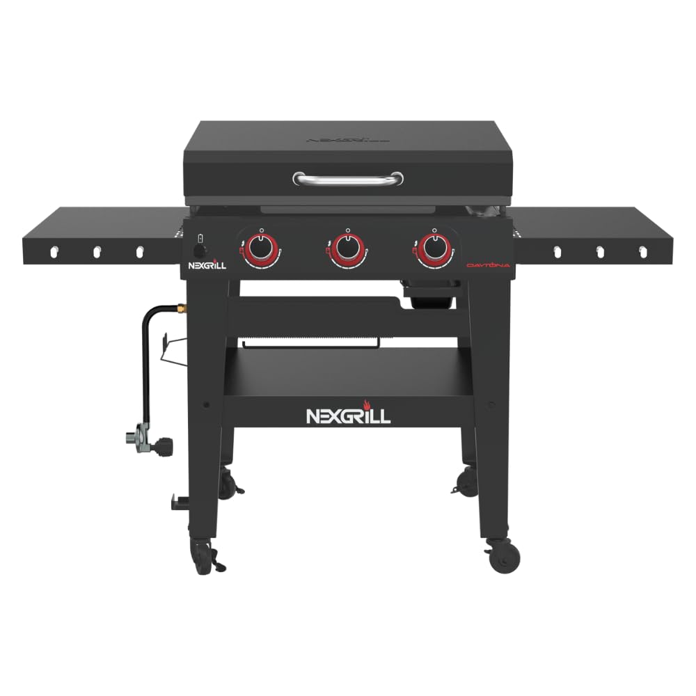 Nexgrill Daytona 3-Burner Propane Gas Griddle with Side Tables, 45000 BTUs Flat Top Grill, 630 SQ. in. Hot Rolled Steel Cooking Space, Outdoor Cooking Barbeque, Black - 720-1057B