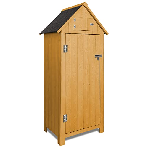 Outdoor Storage Shed with Floor, Outside Wooden Storage Cabinet with Waterproof Roof, Shelves and Hooks, Weather Resistant Tool Shed with Lockable Door for Yard, Garden, Patio, Backyard (Yellow)