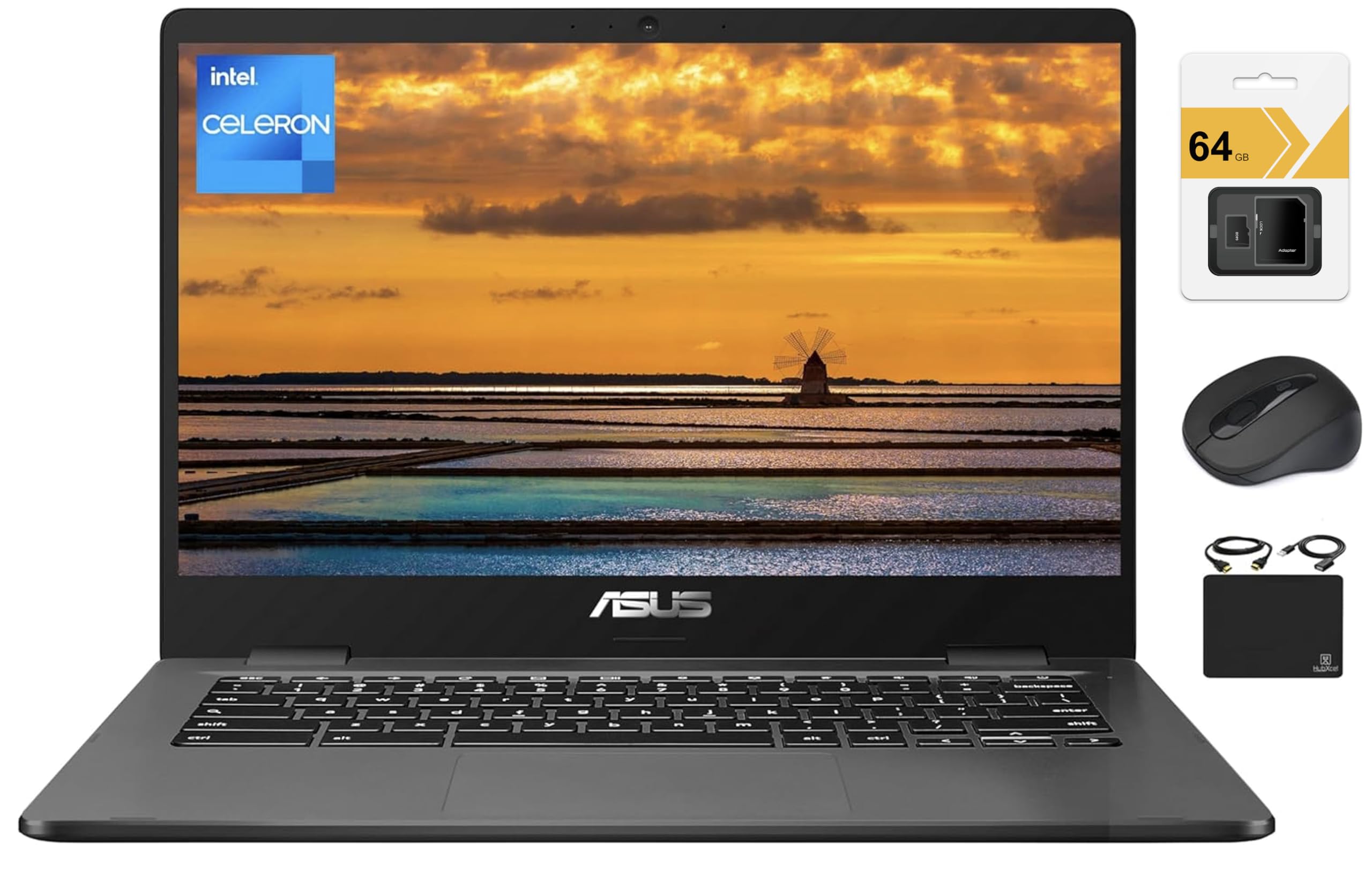 asus Chromebook Thin Light Laptop, 14'' HD Nano-Edge Display, Intel Celeron N3350 (Upto 2.4GHz), 4GB RAM, 96GB Storage (32GB eMMC +64GB SD),Webcam, WiFi, Long Hour Battery, Chrome OS+HubxcelAccessory