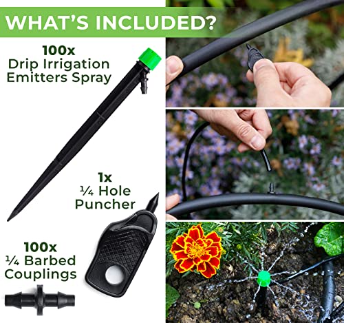 CARPATHEN 100 Drip Irrigation Emitters Sprayer - Drip Emitters for Irrigation Kit - ¼" Irrigation Tubing Compatible - 360 deg Adjustable Drippers for Drip Irrigation - Fit for Raised Garden Bed, Yard