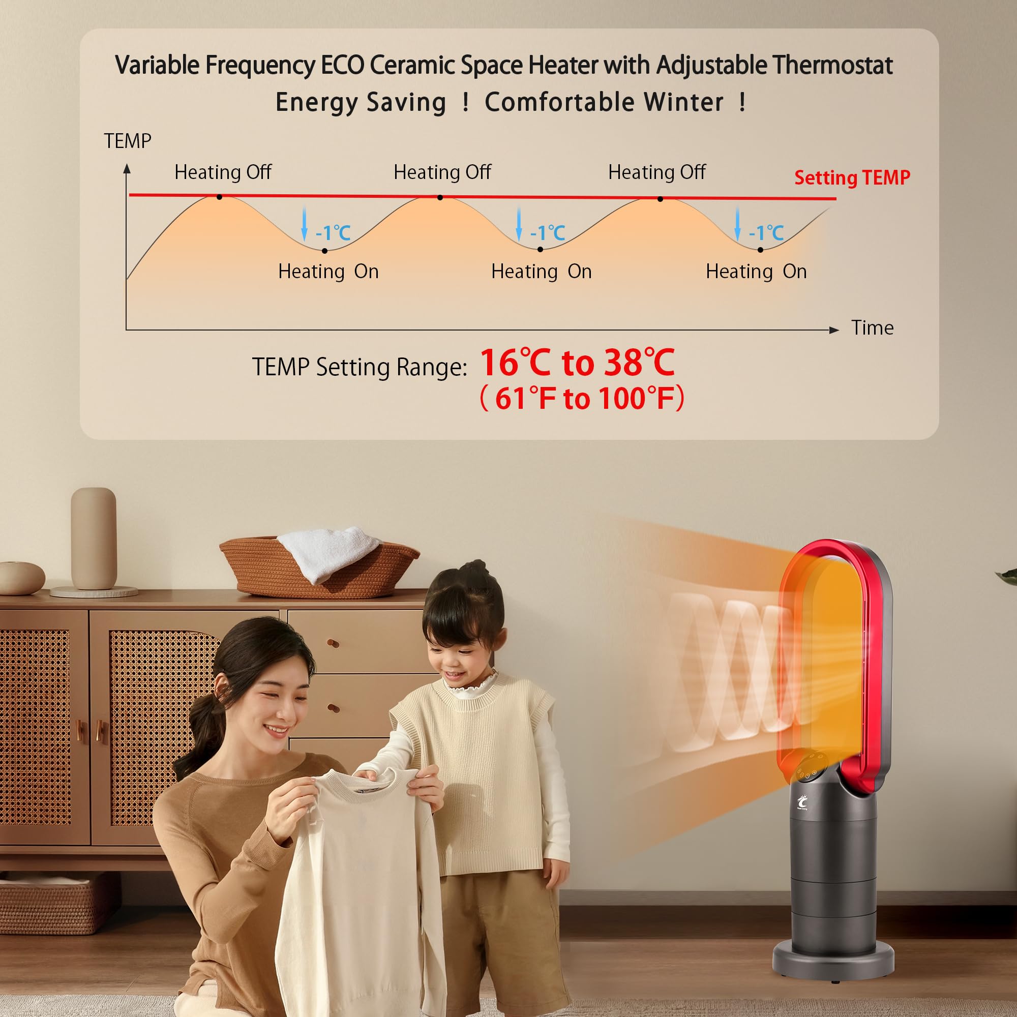 OceanLoong Space Heater & Bladeless Tower Fan All Season for Home, 1500W Eco Electric Heater with Adjustable Thermostat, Tip-Over Switch, Remote Control, Timer, Oscillating, Tilt Head, 29β Red, AB01