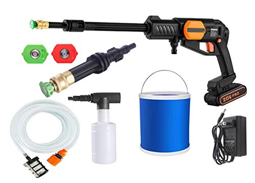 Battery Powered Pressure Washer Cordless Portable Power Cleaners Car Washer 320PSI 94PSI Garden Watering with 2000mAh Battery Hose Nozzles and Foldable Water Bucket