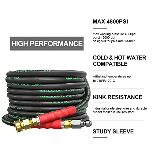 POHIR 3/8 Inch Pressure Washer Hose 25 FT with Adapter Set, 4800PSI Hot and Cold Water Max 248°F,Pressure Washer Garden Water Hose Adapter 14 Pack Full Set, 3/8 Power Washer Quick Disconnect Kit