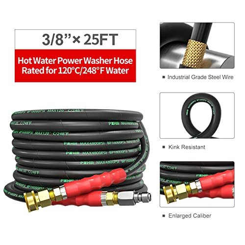 POHIR 3/8 Inch Pressure Washer Hose 25 FT with Adapter Set, 4800PSI Hot and Cold Water Max 248°F,Pressure Washer Garden Water Hose Adapter 14 Pack Full Set, 3/8 Power Washer Quick Disconnect Kit