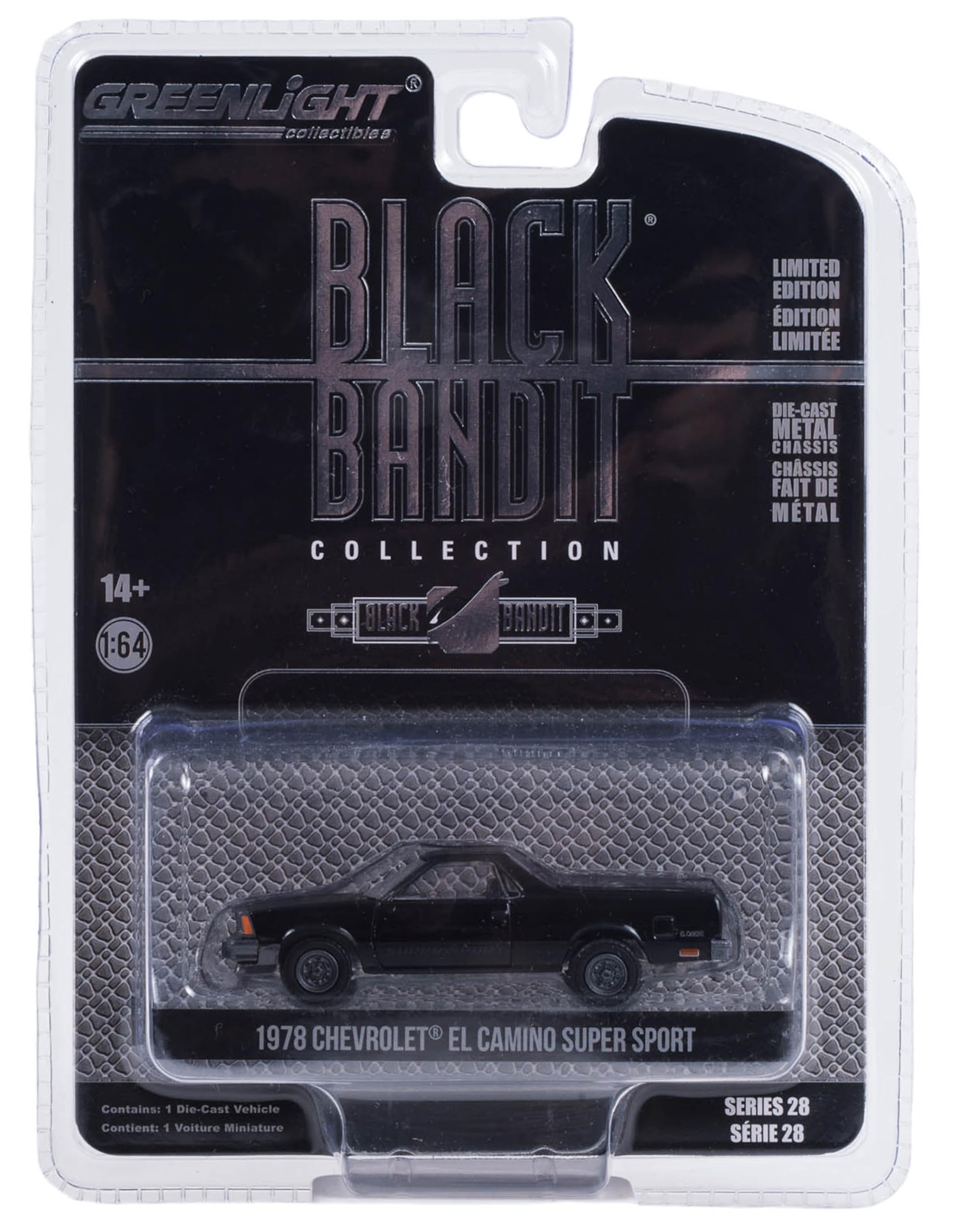 1978 Chevy El Camino Super Sport Black Black Bandit Series 28 1/64 Diecast Model Car by Greenlight 28130B