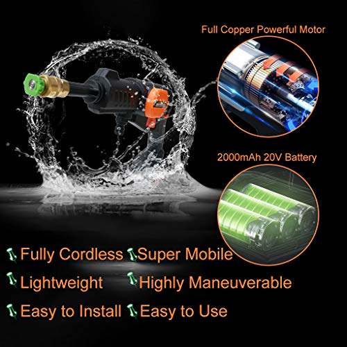 Battery Powered Pressure Washer Cordless Portable Power Cleaners Car Washer 320PSI 94PSI Garden Watering with 2000mAh Battery Hose Nozzles and Foldable Water Bucket