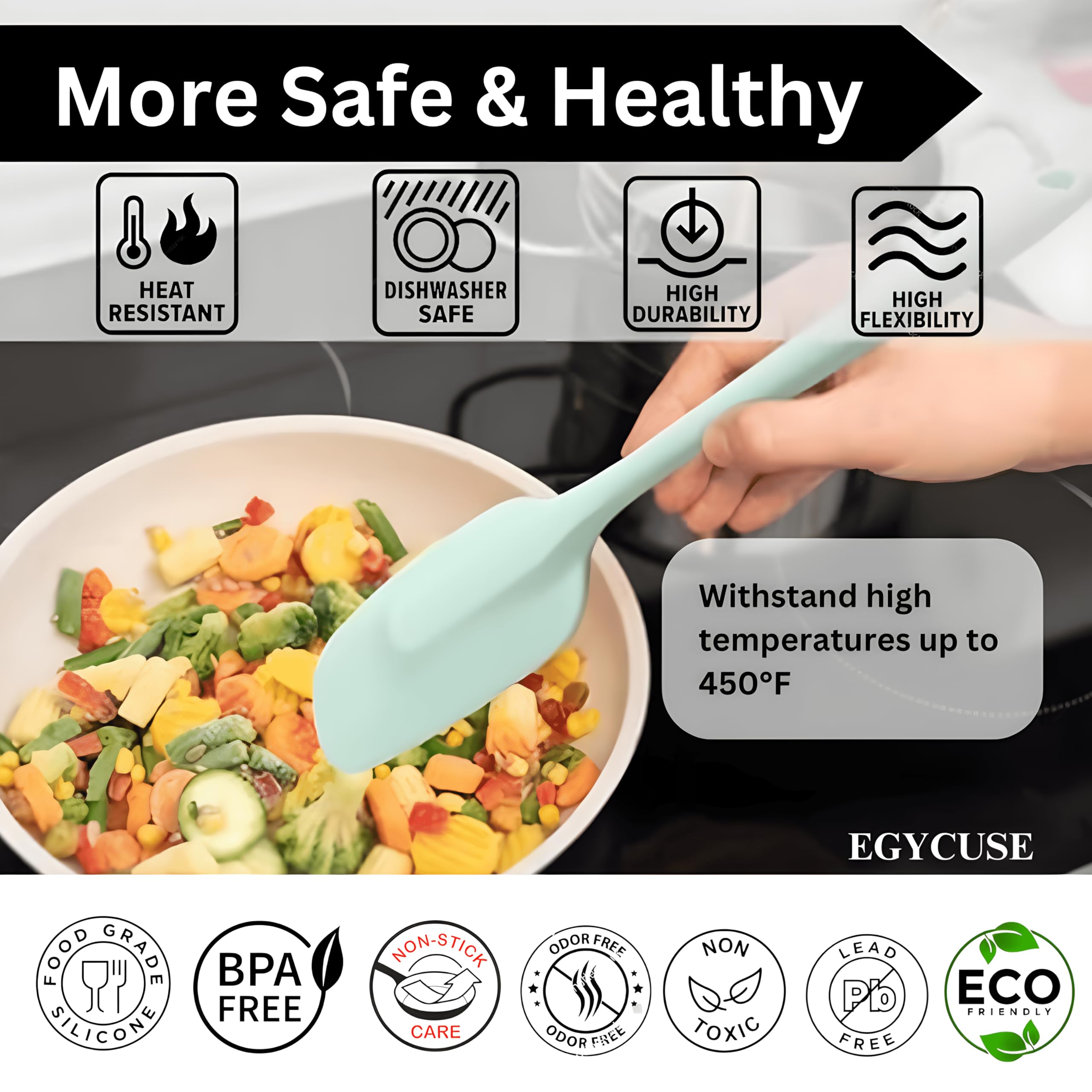 EGYCUSE Food Grade Silicone Spatula, Mixing High Heat Resistant Non Stick, Silicone Rubber Spatula Set for Baking, Cooking, Dishwasher Safe BPA-Free, with mini rubber oven gloves Set of 6 (Mix)