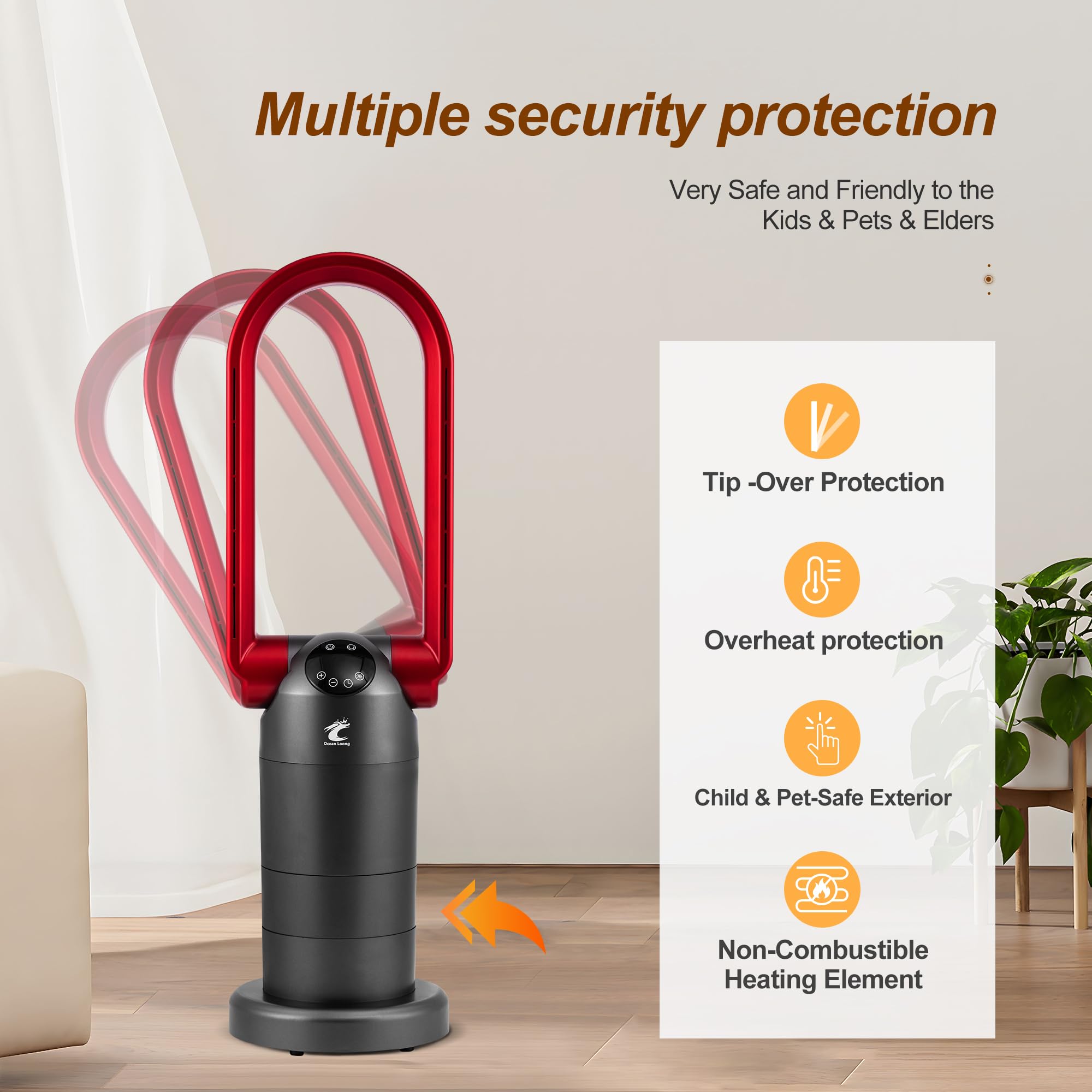 OceanLoong Space Heater & Bladeless Tower Fan All Season for Home, 1500W Eco Electric Heater with Adjustable Thermostat, Tip-Over Switch, Remote Control, Timer, Oscillating, Tilt Head, 29β Red, AB01