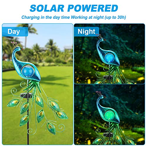 CHINLY Garden Solar Lights Stake, Metal Peacock Decor Solar Garden Lights Solar Peacock Stake for Outdoor Patio Yard Decorations (Blue Lampshade)