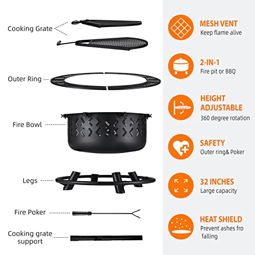 Cityflee 32 Inch Fire Pit for Outside with 2 Grills, Outdoor Wood Burning Firepit Large Steel Firepit for Patio Backyard Picnic Garden with Wood Grate & Poker