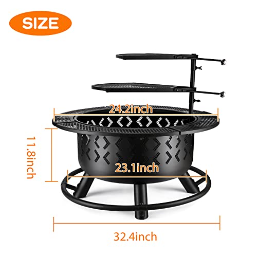 Cityflee 32 Inch Fire Pit for Outside with 2 Grills, Outdoor Wood Burning Firepit Large Steel Firepit for Patio Backyard Picnic Garden with Wood Grate & Poker