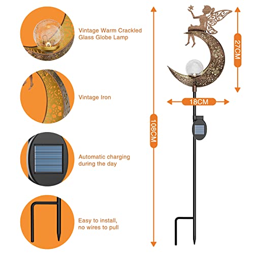 ConKrian Garden Solar Lights Pathway,Angel Moon Crackle Glass Globe Stake with Angel Metal Lights,Waterproof Warm White LED for Lawn,Patio or Courtyard,Christmas Decorative Lights Outdoor Gift Set