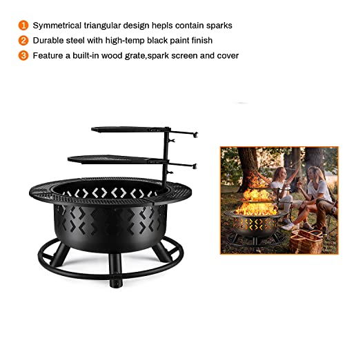 Cityflee 32 Inch Fire Pit for Outside with 2 Grills, Outdoor Wood Burning Firepit Large Steel Firepit for Patio Backyard Picnic Garden with Wood Grate & Poker