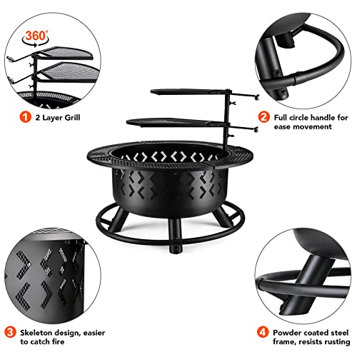 Cityflee 32 Inch Fire Pit for Outside with 2 Grills, Outdoor Wood Burning Firepit Large Steel Firepit for Patio Backyard Picnic Garden with Wood Grate & Poker