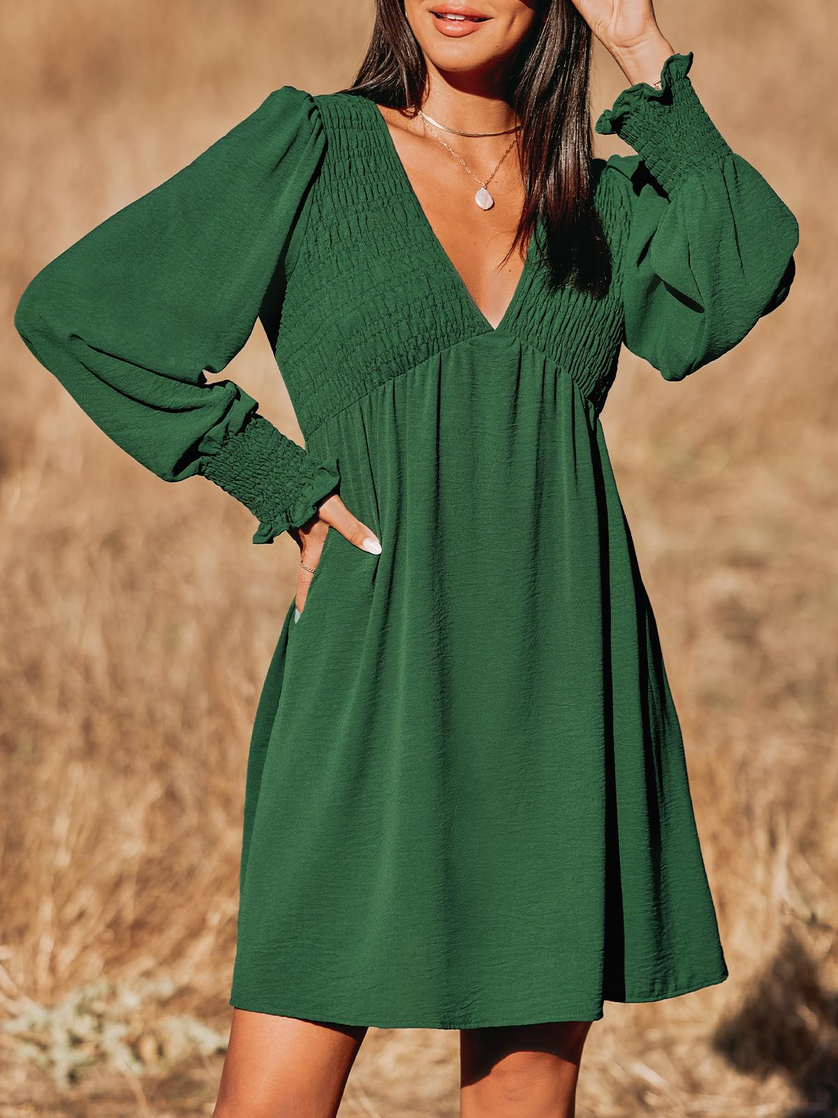 CUPSHE Women's Mini Dress Smocked V Neck Long Sleeve Empire Waist Casual A Line Green Dress