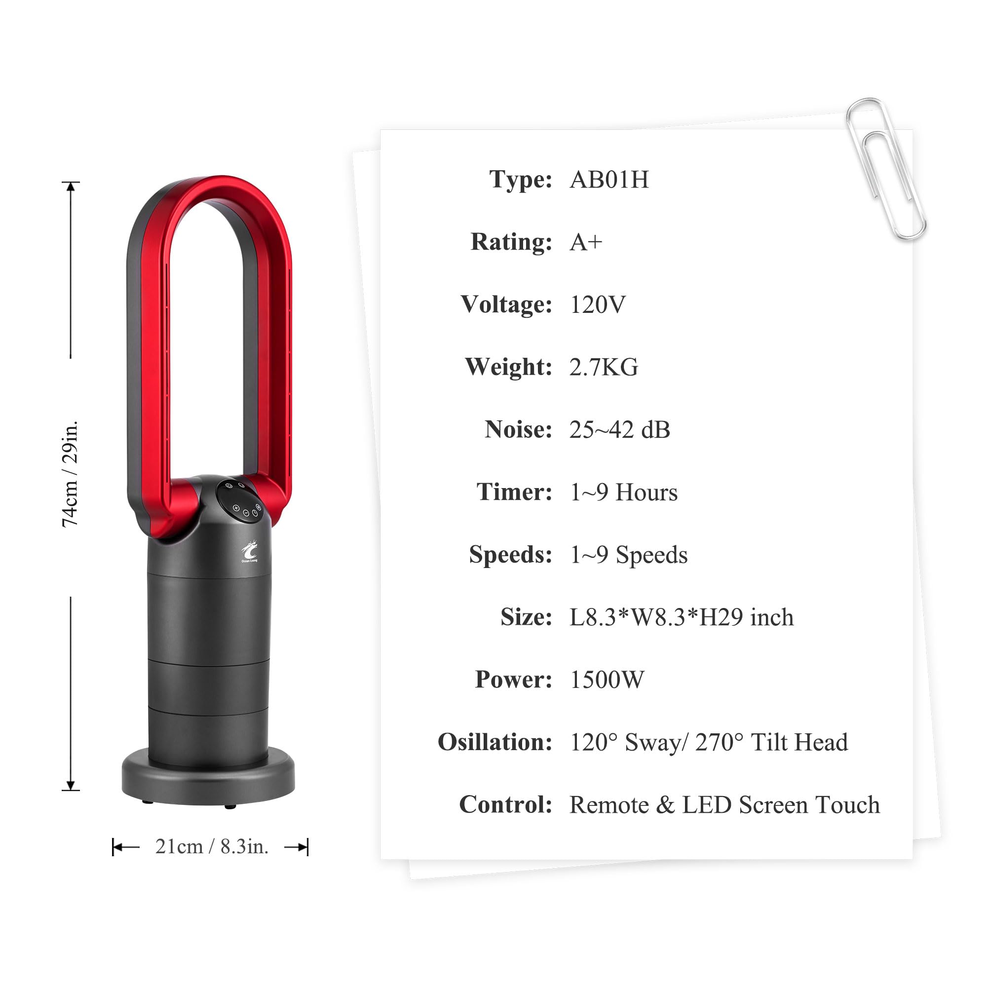 OceanLoong Space Heater & Bladeless Tower Fan All Season for Home, 1500W Eco Electric Heater with Adjustable Thermostat, Tip-Over Switch, Remote Control, Timer, Oscillating, Tilt Head, 29β Red, AB01