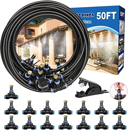 Misters for Outside Patio,Outdoor Water Misting Cooling System,50FT|15M.Backyard Mist Hose Kit for Garden,Greenhouse,Fan,Deck,Umbrella,Canopy,Pool,Porch.Trampoline Sprinkler Park,BBQ Party Accessories