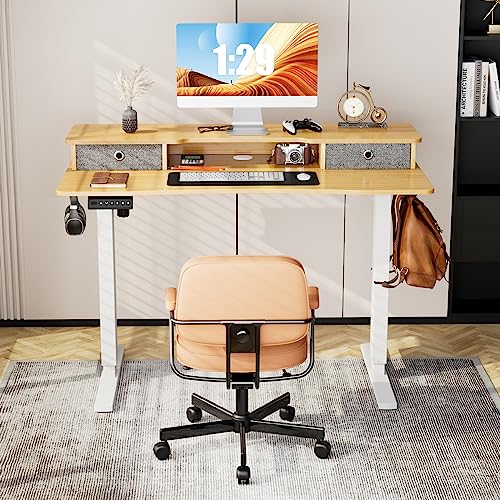 Sweetcrispy Electric Standing Desk Adjustable Height Stand Up Desk, 63 x 24 Inch Sit Stand Desk Adjustable Desk, Home Office Computer Desk with Storage Shelf, Double Drawer, Splice Board, Oak Desktop