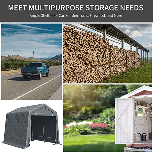 Outsunny 8' x 7' Garden Storage Tent, Heavy Duty Bike Shed, Patio Storage Shelter w/Metal Frame and Double Zipper Doors, Dark Grey