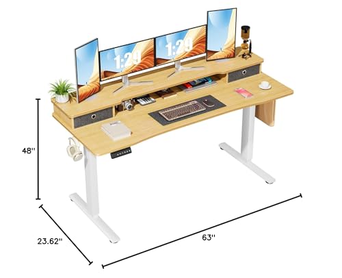 Sweetcrispy Electric Standing Desk Adjustable Height Stand Up Desk, 63 x 24 Inch Sit Stand Desk Adjustable Desk, Home Office Computer Desk with Storage Shelf, Double Drawer, Splice Board, Oak Desktop