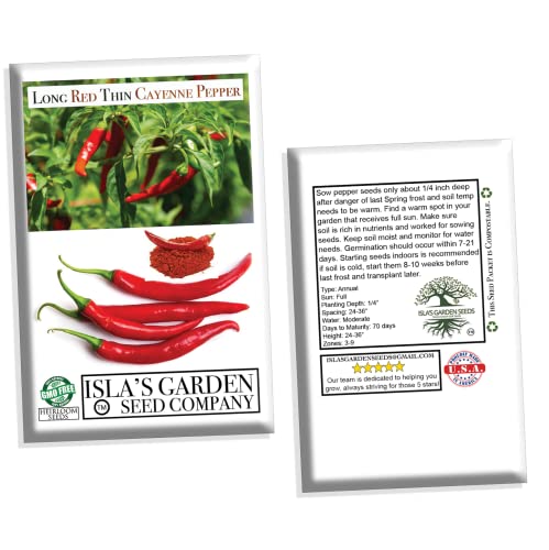 Long Red Thin Cayenne Pepper Seeds for Planting, 100+ Heirloom Seeds Per Packet, (Isla's Garden Seeds), Non GMO Seeds, Botanical Name: Capsicum annuum, Great Home Garden Gift
