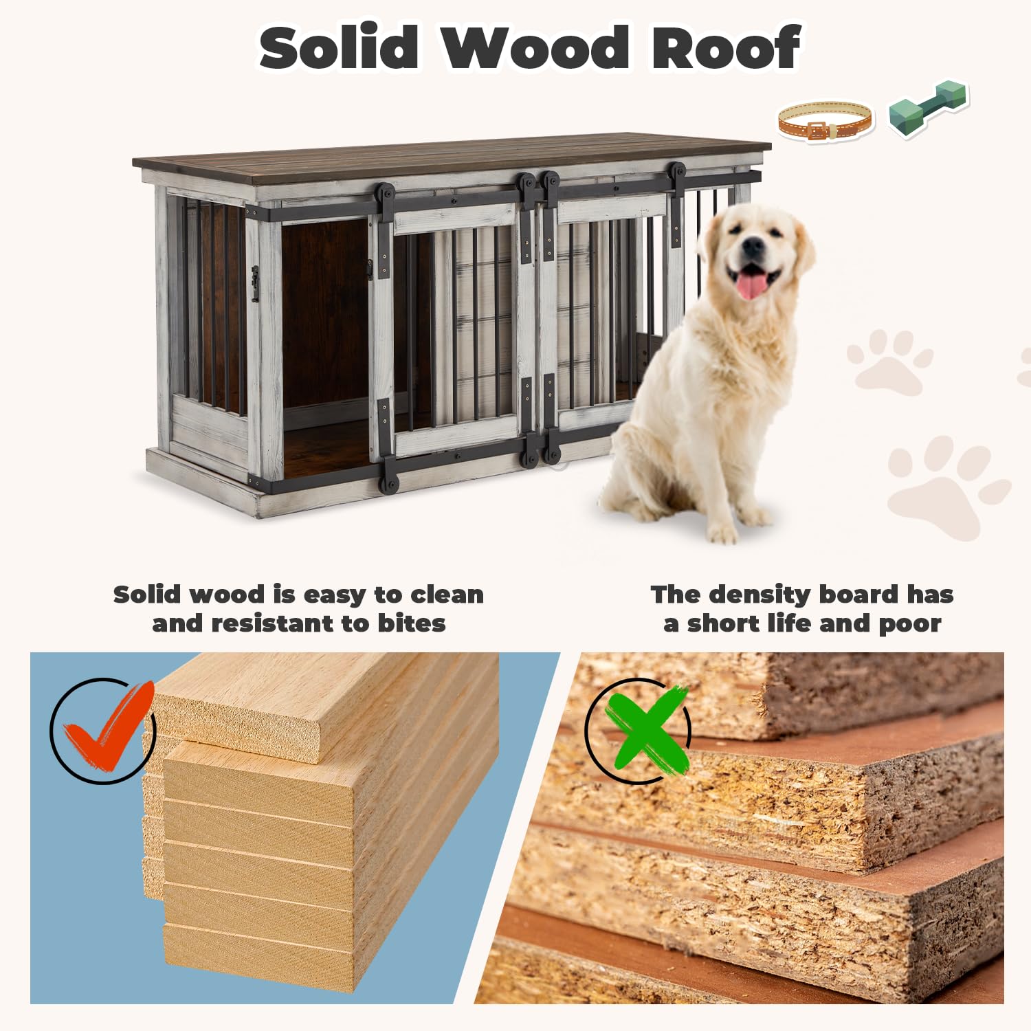 MELLCOM Large Wooden Dog Cage, Durable and Bite Resistant, Spacious with Dividers, Sliding Barn Door Design, White and Brown