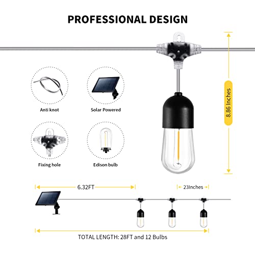 Nora Gift Solar Outdoor String Lights with 12 Edison Shatterproof Bulbs-28FT Commercial Grade Waterproof Strand,Haning String LED Lights Decor for Garden, Backyard, Porch, Café and Bistro