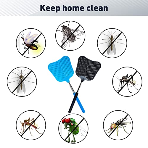 Fly Swatter, Flexible and Durable Telescopic Stainless Steel Retractable Handle ,Manual Fly swatters for Home,Garden,Classroom and Office (2Pcs Black& Blue)