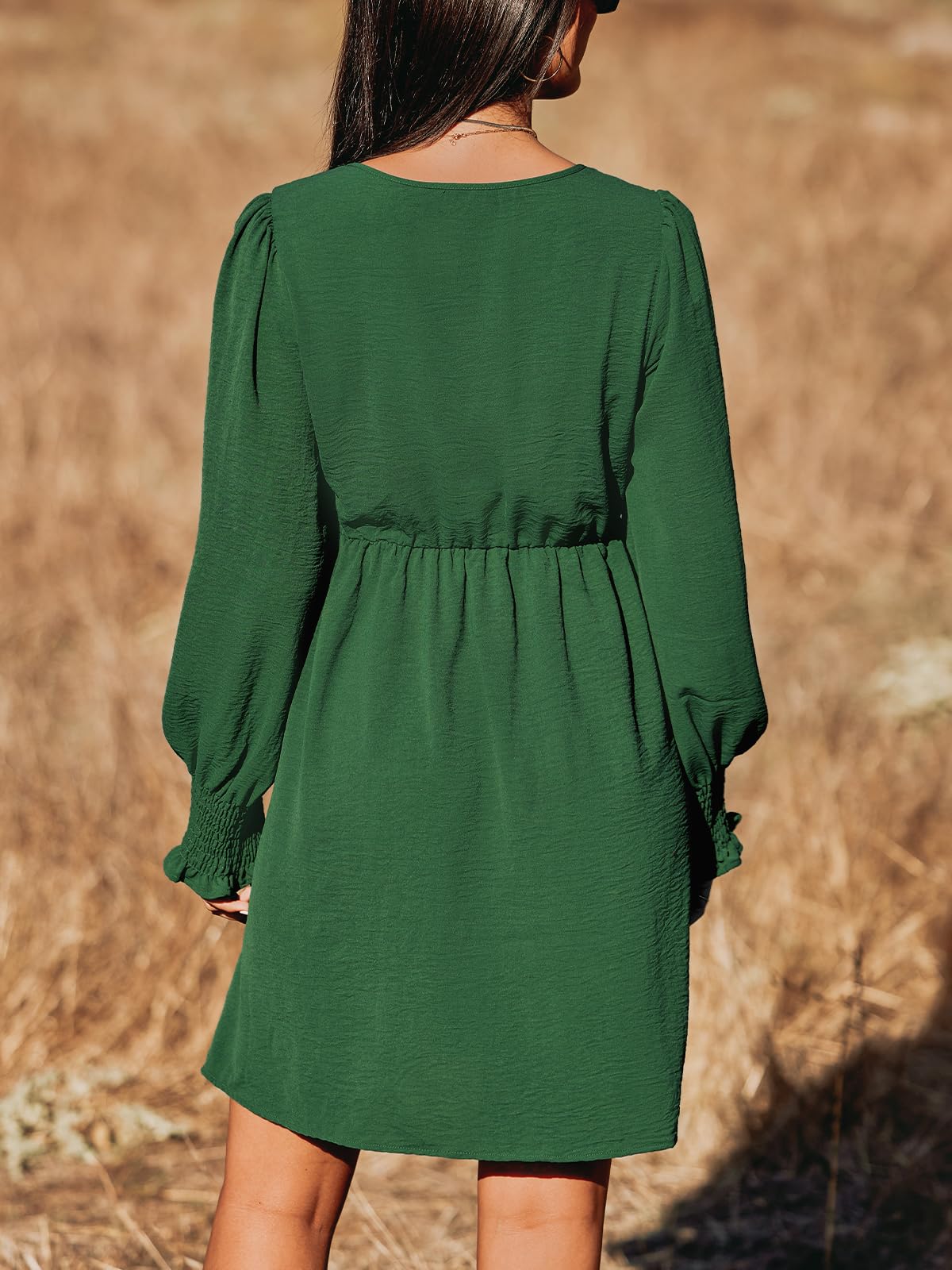 CUPSHE Women's Mini Dress Smocked V Neck Long Sleeve Empire Waist Casual A Line Green Dress