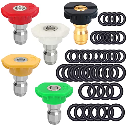 CKANDAY 5 Pack Pressure Washer Spray Nozzles Tips + 40 Pcs O-Rings Replacement for 1/4 inch and 3/8 inch, 5 Degrees Nozzles 1/4 Inch Quick Connection Tips with M22 Quick Connect Coupler Set, 4000 PSI